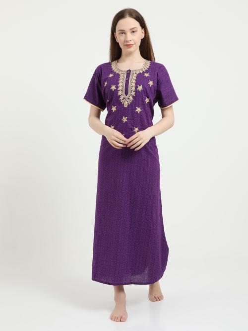 Buy RnP Purple Neck Embroidered Nighty Online at Best Prices in India ...