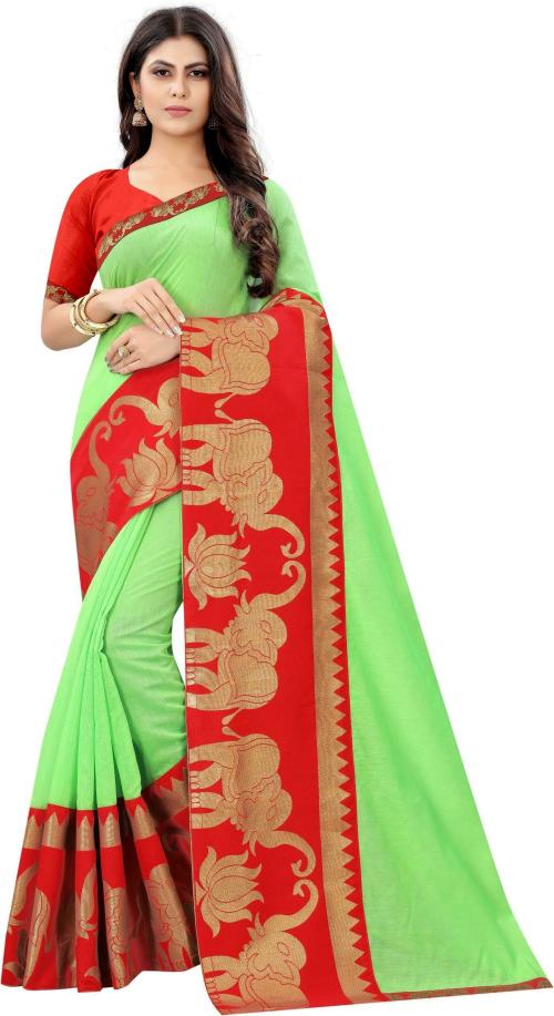 Buy Febo Fashion Women Green Woven Design Cotton Blend Single Saree ...