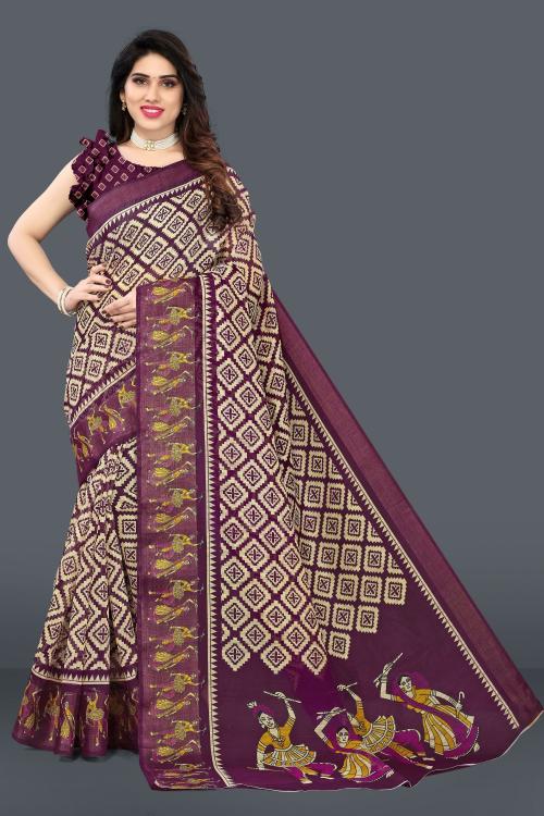 Buy sareya veela Bandhani Women Purple Geometric Cotton Linen Sarees ...