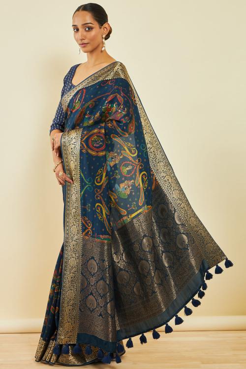 Buy Soch Navy Blue Crepe Saree With Ethnic Print And Zari Borders ...