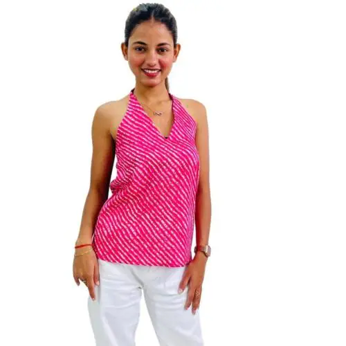 Buy KAJRAKH Pink Lehariya Halter Neck Cotton for Girls and Women Online ...