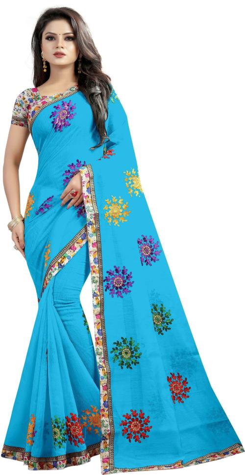 Buy Febo Fashion Women Blue Embroidered Cotton Blend Single Saree ...