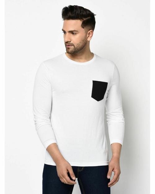 Buy Glito Solid White Full Sleeves With Pocket Round Neck T-shirts For ...