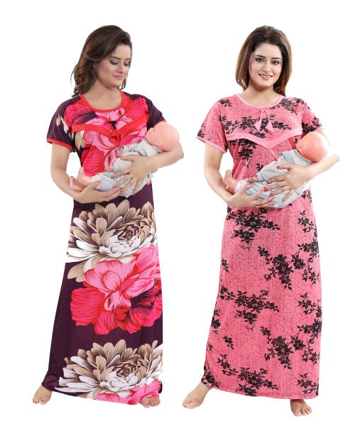 Buy Babesa Women Multicolor Printed Satin Nighty Combo- Free Size (Pack ...