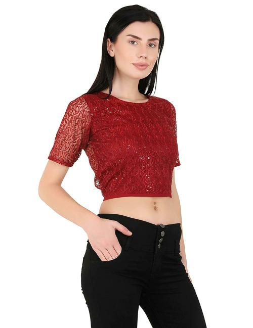 Buy UNFAKENOW Women Maroon Floral Net Top Online at Best Prices in ...