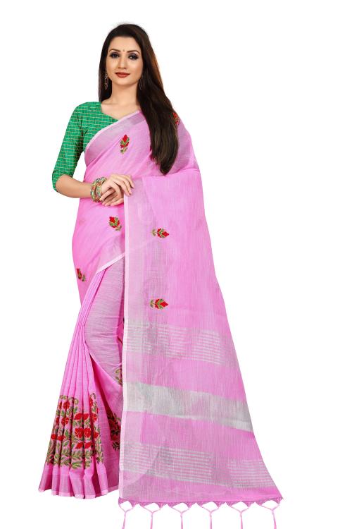 Buy SAREYA VEELA Maheshwari Women Pink Embroidered Cotton Silk Sarees ...