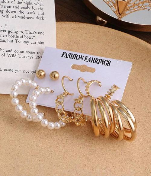 Buy Vembley Combo of 6 Gold Plated Plain Chain and Pearl Big Hoop ...