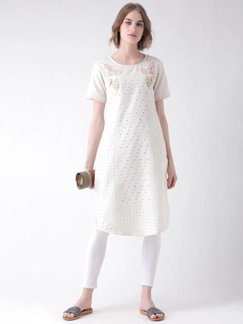 Buy Span Women White Floral Print Cotton Blend Straight Kurta Online at ...