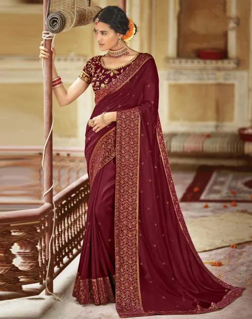 Buy Satrani Poly Silk Maroon Color Saree with Blouse piece Online at ...