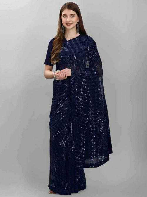 Buy Febo Fashion Women Navy Embellished Georgette Single Saree Online ...
