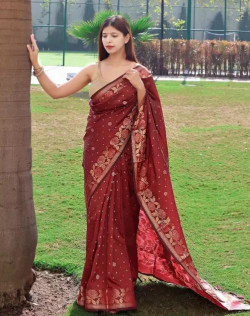 Buy Satrani Poly Silk Maroon Color Saree with Blouse piece | sarees for ...