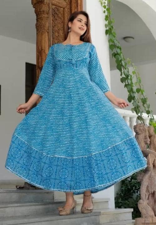 Buy Khedapati Women's Leheriya Cotton Blend Gown Kurta Online at Best ...