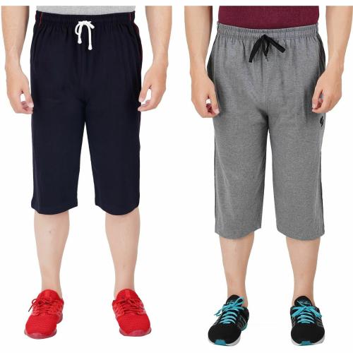 Buy Feel Track 100 % Cotton Men Dark Blue, Grey Solid Pack Of 2 Three ...