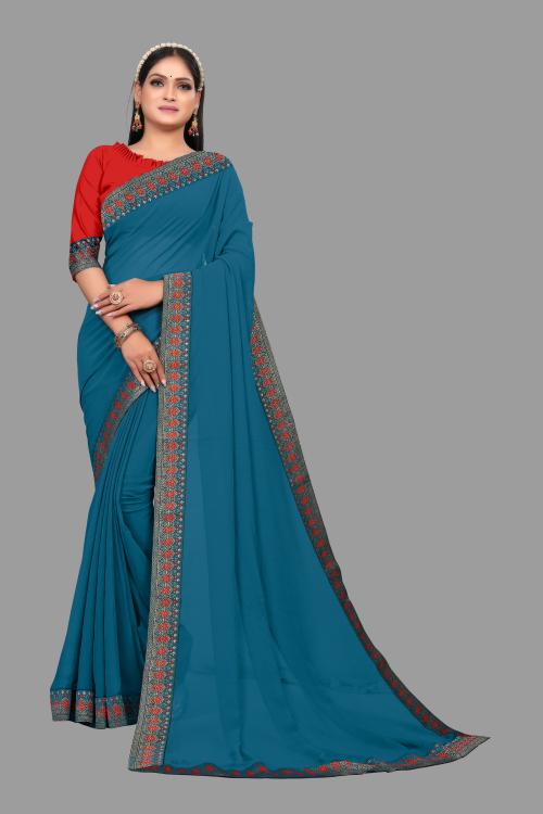 Buy sadika women's solid plain daily wear morpich blue georgette saree ...