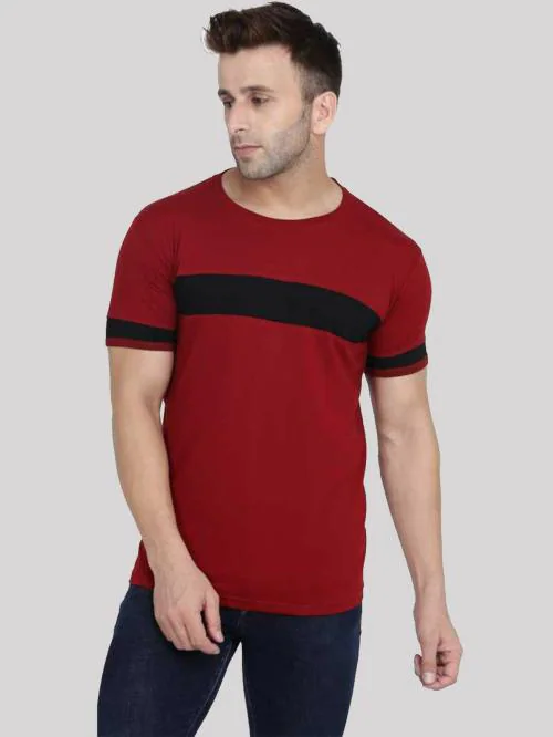 Buy ZIMANTE Men Maroon Color Block Pure Cotton T Shirt Online at Best ...