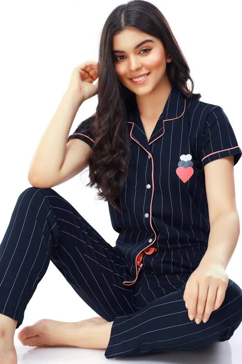 Buy Zeyo Women's Cotton Heart Printed Navy Blue Night Suit Set of Shirt ...