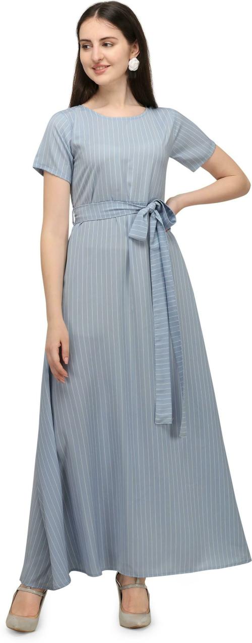 Buy Serein Women Light Blue Striped Crepe Single Dresses Online at Best ...