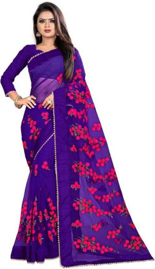 Buy JSItaliya Self Design, Embroidered Bollywood Net Saree ( Purple ...