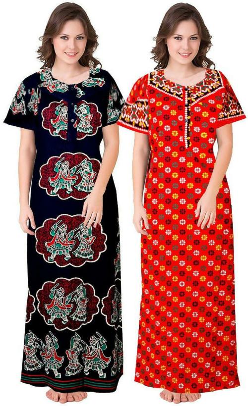 Buy Mudrika Women Red and Dark Blue Printed Cotton Pack of 2 Nighty ...