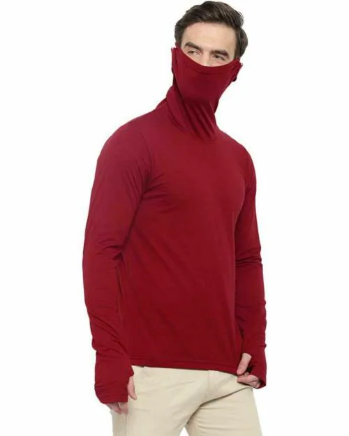 Buy Glito Solid Maroon Full Sleeves Thumbhole High Neck With Mask ...