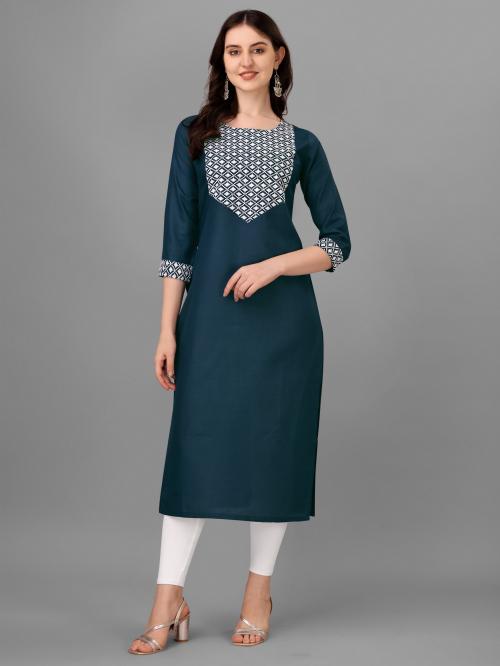 Buy Parnavi Chiken Embroidery Cotton Teal Blue Kurti Online at Best ...