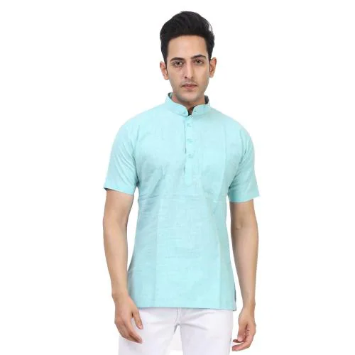 Buy Kundan Men's Cotton Linen Pattern Light Green Short Kurta Online at ...