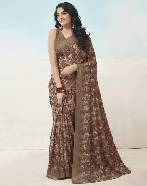 Buy SIRIL Georgette Brown Color Saree with Blouse piece Online at Best ...