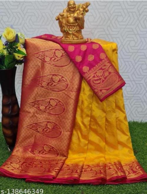 Buy Mansh the stylo..Women Pink, Yellow Woven Jacquard Banarasi Saree ...
