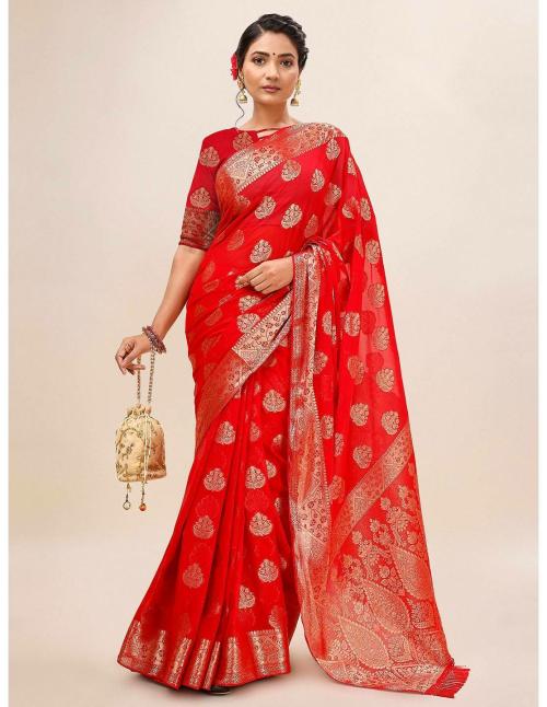 Buy Indian Women Women Shimmer Chiffon Weaving Woven Design Fusion Red ...