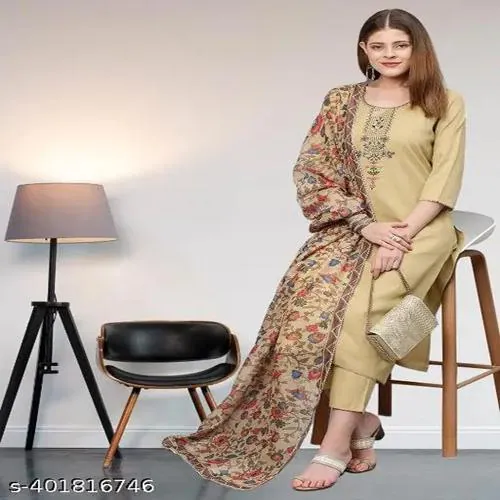 Buy PALLU INDIA Designer Women's Cotton Blend beige Kurta With Pant & Dupatta Online at Best ...