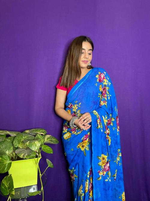 Buy Anand Women Blue Floral Georgette Single Saree Saree for women ...