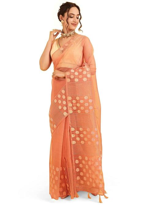 Buy Dungrani Women Peach Organza Saree With Unstitched Blouse Piece ...
