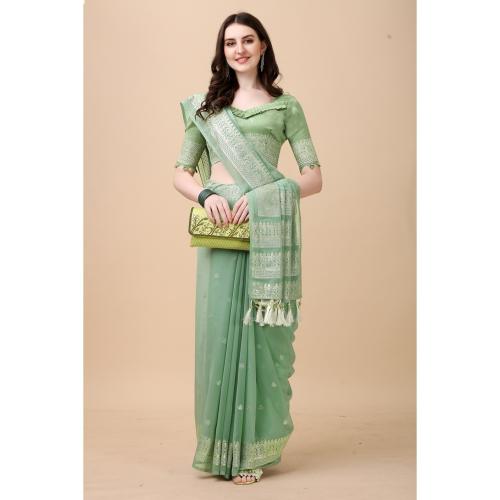 Buy Marabout Women's Beautiful Green And Silver Tonned Pure Silk Saree ...