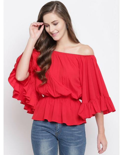 Buy RIVI Red Off-Shoulder Gathered or Pleated Crepe Cinched Waist Top ...