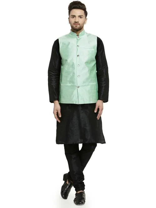 Buy Benstoke Men's Silk Blend Black Kurta With Pyjama & Sea Green Nehru ...