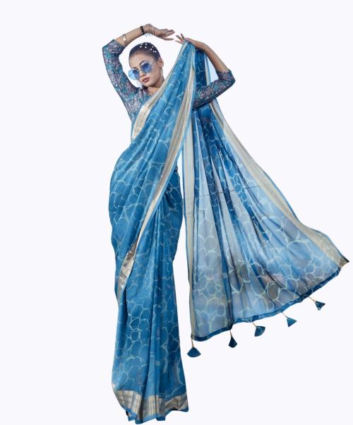 TRIVENI Blue Chiffon Moss film zari border Saree - JioMart