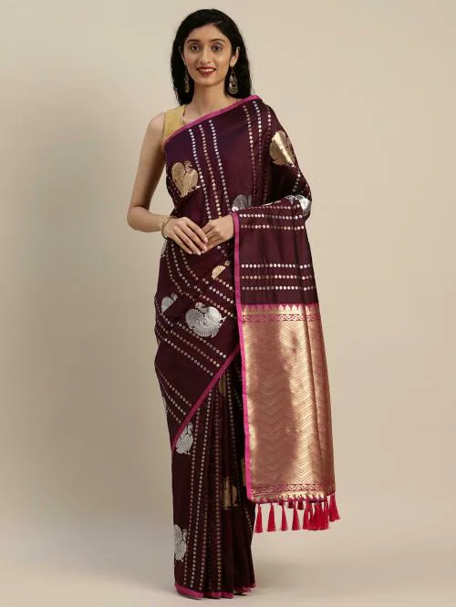 Buy VASTRANAND Women Burgundy Silk Blend Woven Design Saree Online at ...