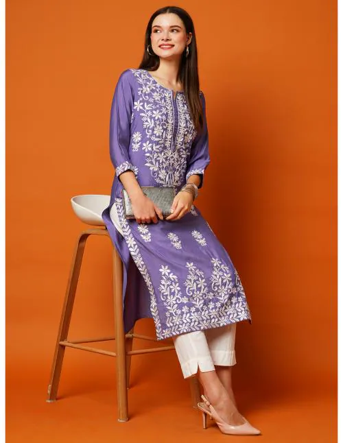 Buy GoSriKi Women's Violet Straight Floral Embroidered Printed Kurti ...