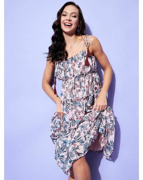 Buy StyleStone Women's Floral Tier Midi Dress with String Tie Ups ...