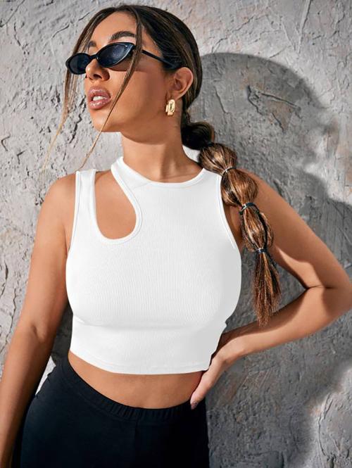 Buy Gespo Women's White Solid Round Neck Sleeve Less Top Online at Best ...