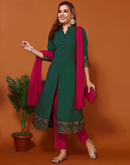 Buy Skylee Women's Green Color Poly Rayon Kurta Set with Dupatta Online ...