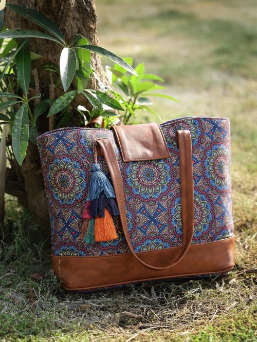 Buy Anekaant Tribal Navy & Tan Mandala Printed Polycotton Tote Bag ...