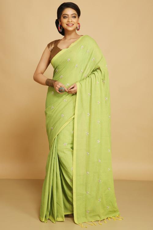 Buy Abrita Saree Handloom Shiuli Flower Butik Work Saree With Blouse Piece (Green) Online at ...