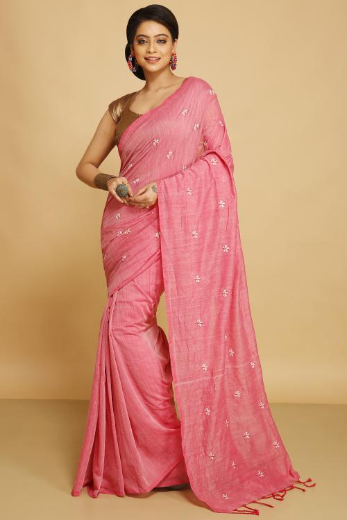 Buy Bengal Handloom Shiuli Flower Butik Work Saree With Blouse Piece (Pink) Online at Best ...
