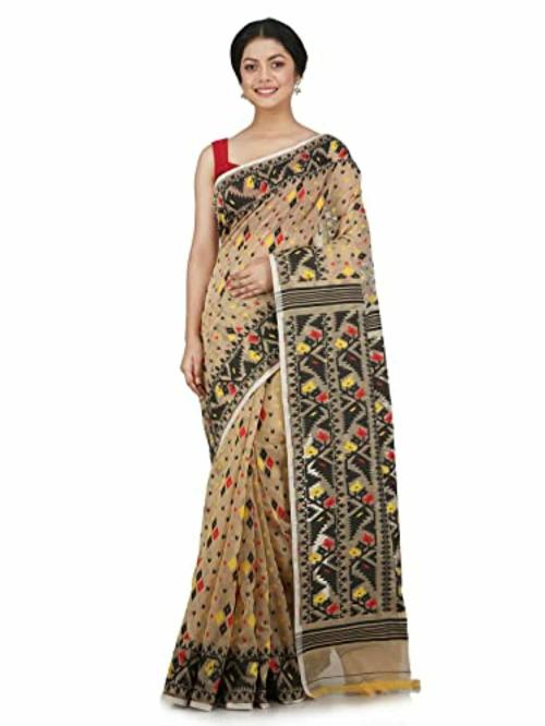 Buy PinkLoom Women Beige Solid Soft Cotton Jamdani Saree without Blouse Piece Online at Best ...