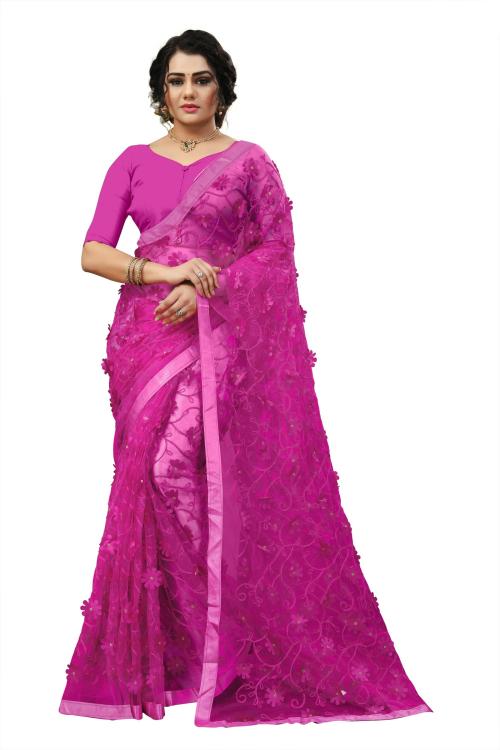 Buy N V Patel Women Rani Embroidered Net Bollywood Saree Online at Best ...