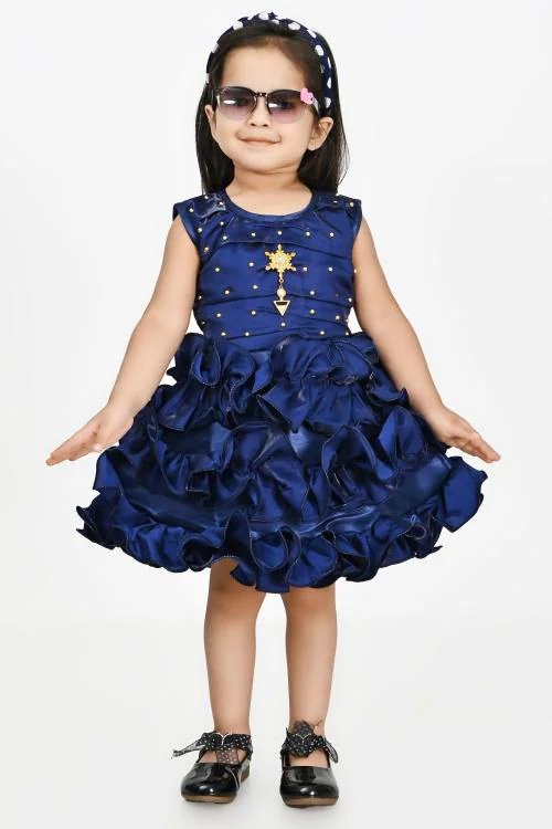 Buy MRUF DRESSES Baby Girls Dark Blue Satin A-Line Dress - 9 to 12 M ...