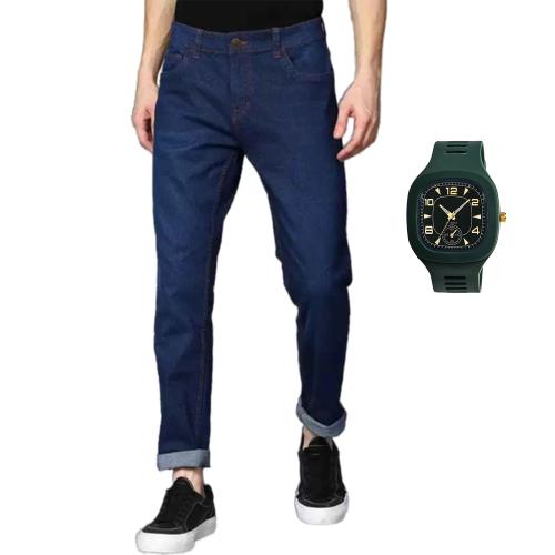Buy Xee Men's Slim Fit Dark Blue Jeans With free watch Online at Best ...
