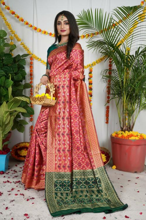Buy SWIFFIN Luxury Collection Litchi Silk Bandhani Pink & Green Saree ...