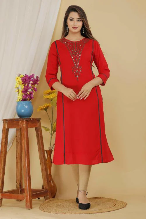 Buy Mehsoos Women Red Embroidered Viscose Rayon A-Line Kurta (XXL ...